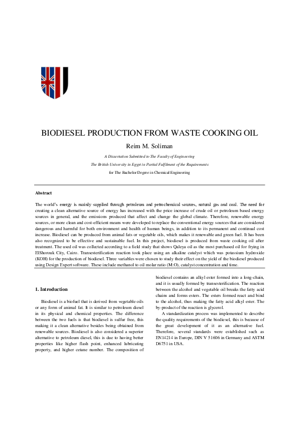 (PDF) BIODIESEL PRODUCTION FROM WASTE COOKING OIL