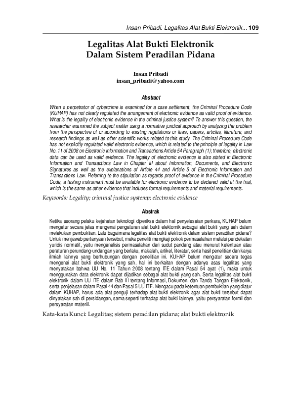 (PDF) Legalitas Alat Bukti Elektronik Dalam Sistem Peradilan Pidana