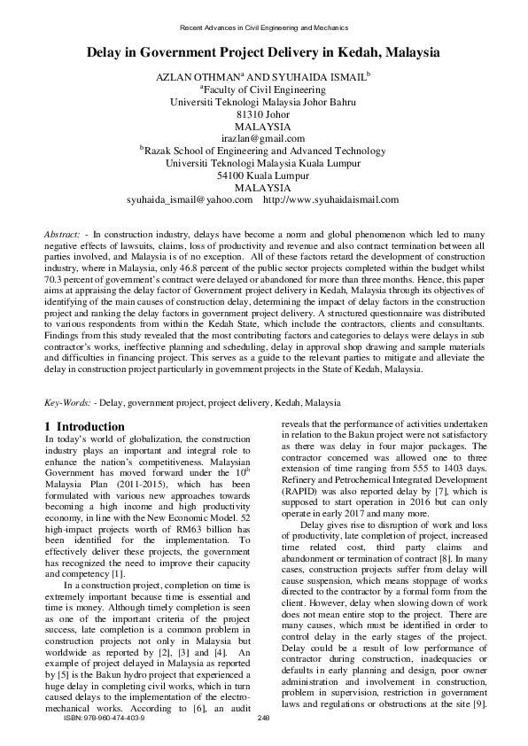 (PDF) Delay in Government Project Delivery in Kedah, Malaysia