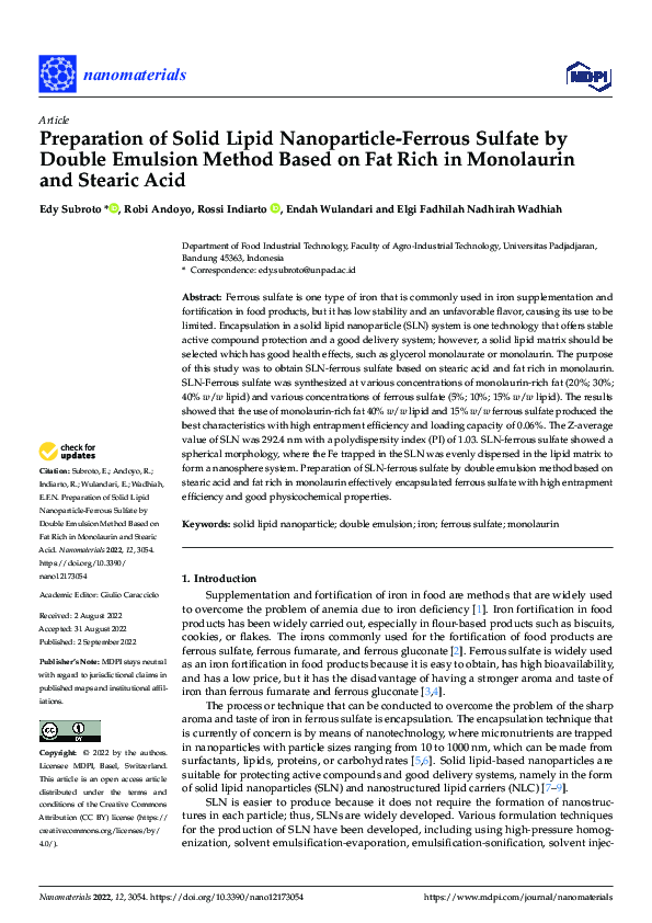 (PDF) Preparation of Solid Lipid Nanoparticle-Ferrous Sulfate by Double ...