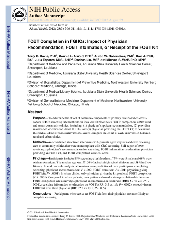 (PDF) FOBT Completion in FQHCs: Impact of Physician Recommendation ...