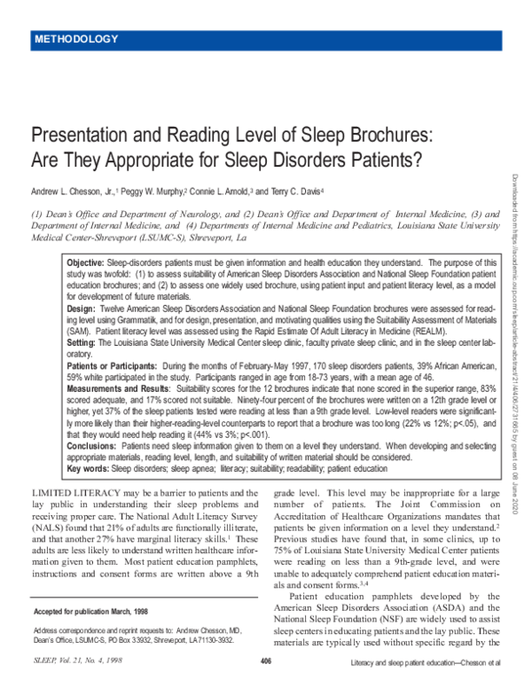 (PDF) Presentation and Reading Level of Sleep Brochures: Are They ...