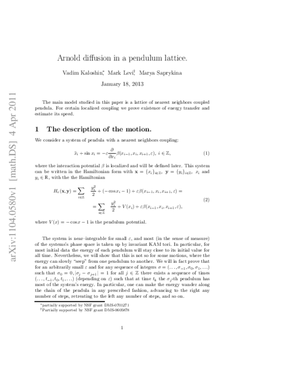 (PDF) Arnold diffusion for a pendulum lattice