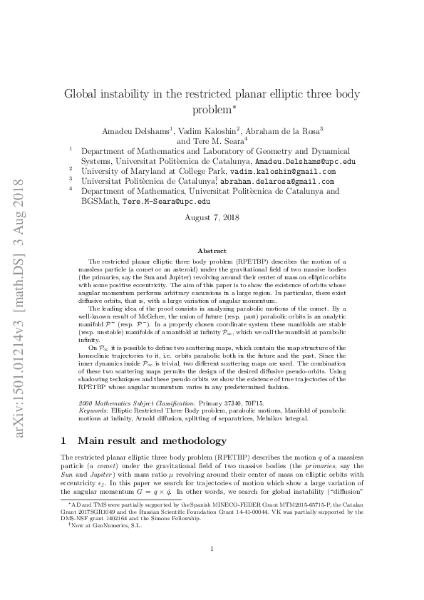 (PDF) Global instability in the elliptic restricted three body problem using two scattering maps