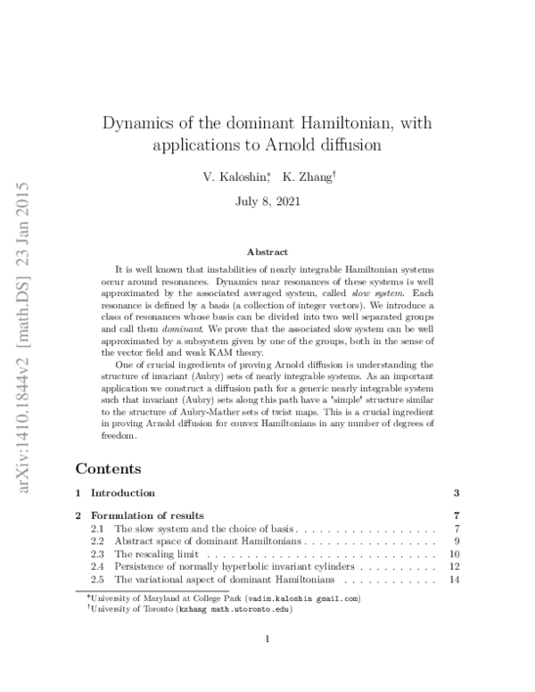 (PDF) Dynamics of the dominant Hamiltonian, with applications to Arnold ...