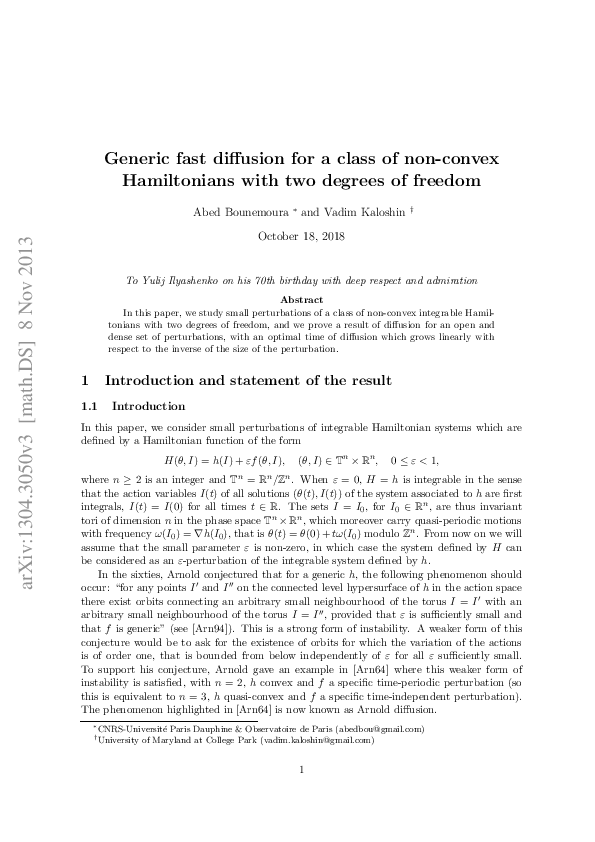 Pdf Generic Fast Diffusion For A Class Of Non Convex Hamiltonians
