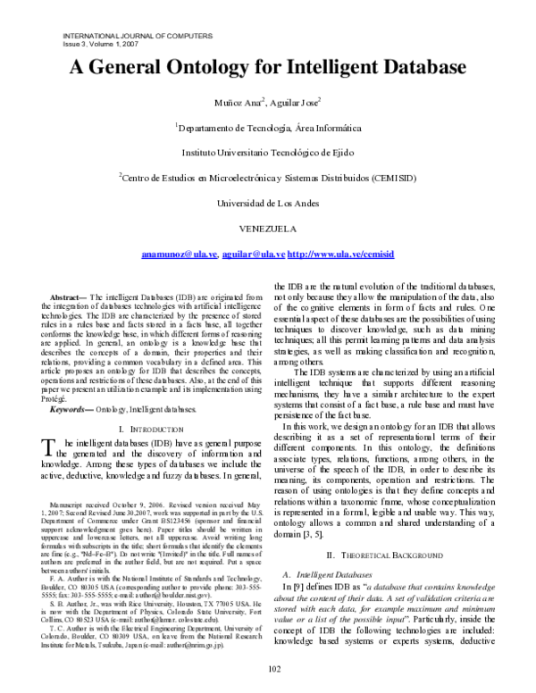 (PDF) A general Ontology for Intelligent database | Ana C Muñoz García - Academia.edu