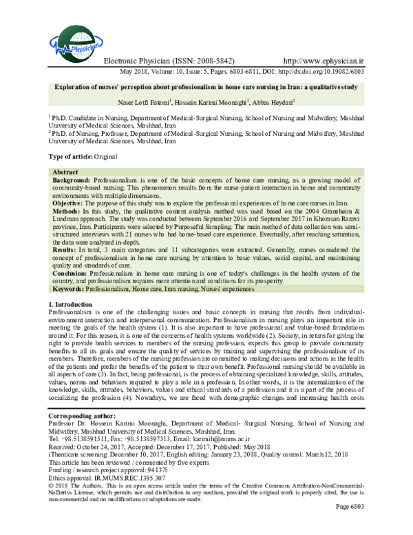 (PDF) Exploration of nurses' perception about professionalism in home care nursing in Iran: a ...