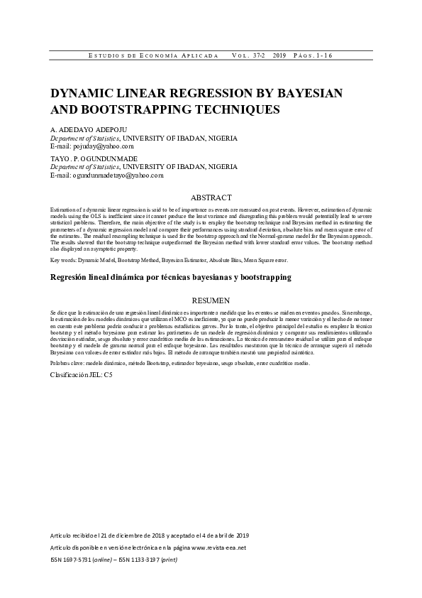 Pdf Dynamic Linear Regression By Bayesian And Bootstrapping Techniques