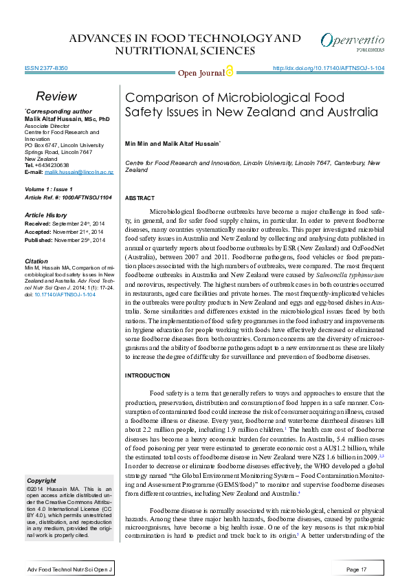 (PDF) Comparison of Microbiological Food Safety Issues in New Zealand ...