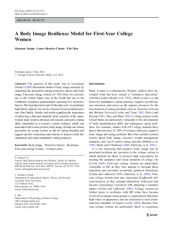 (PDF) A Body Image Resilience Model for First-Year College Women