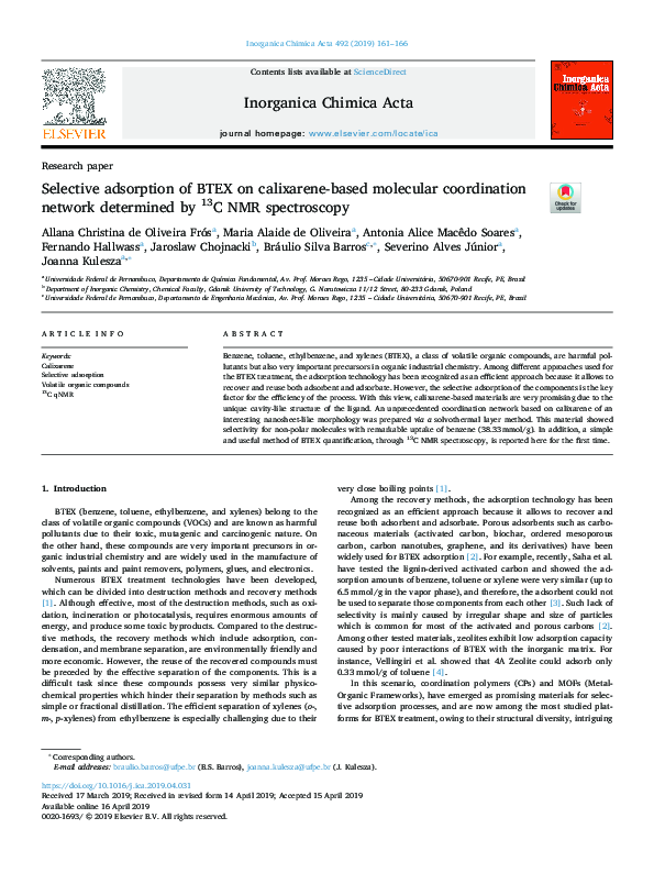 (PDF) Selective adsorption of BTEX on calixarene-based molecular coordination network determined ...