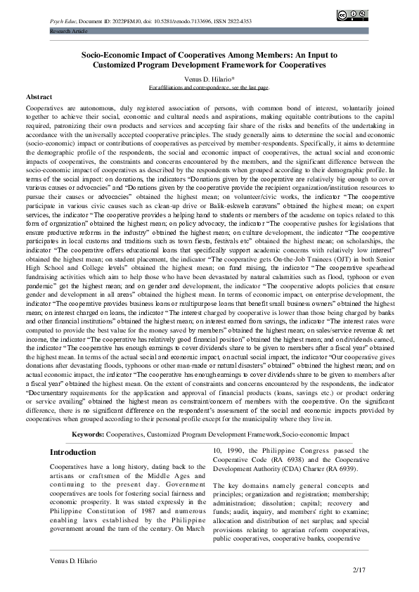 (PDF) Socio-Economic Impact of Cooperatives Among Members: An Input to ...