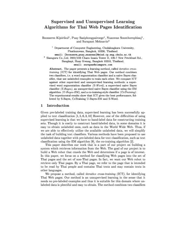 (PDF) Supervised and Unsupervised Learning Algorithms for Thai Web ...
