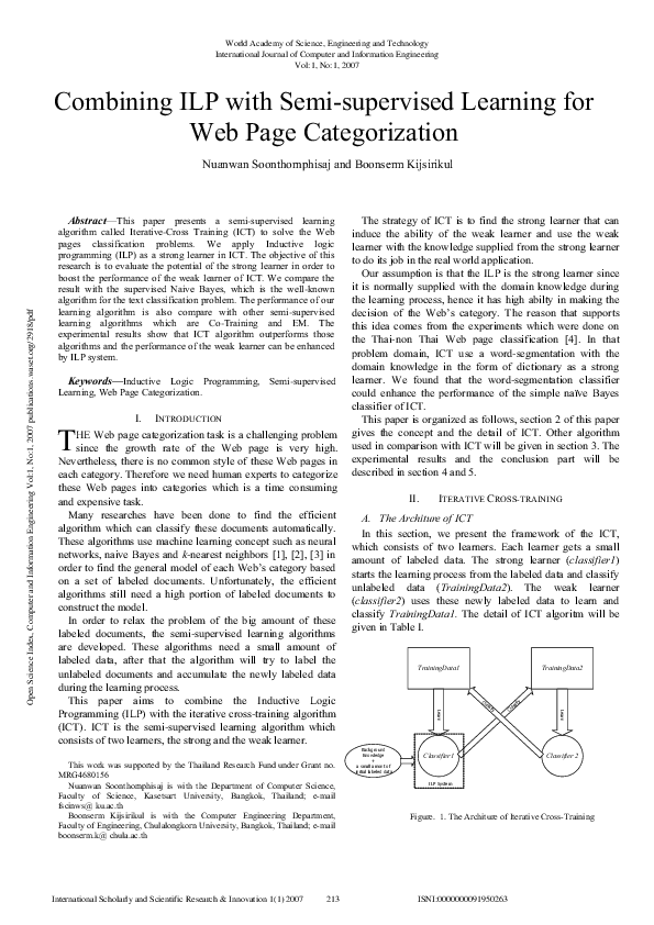 (PDF) Combining Ilp With Semi-Supervised Learning For Web Page Categorization
