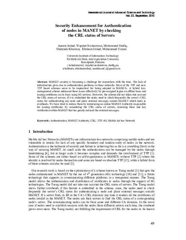 (PDF) Security Enhancement for Authentication of Nodes in MANET by Checking the CRL Status of ...