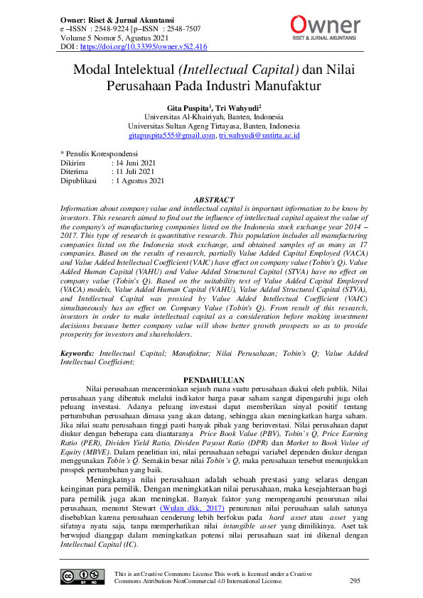 (PDF) Modal Intelektual (Intellectual Capital) dan Nilai Perusahaan Pada Industri Manufaktur ...
