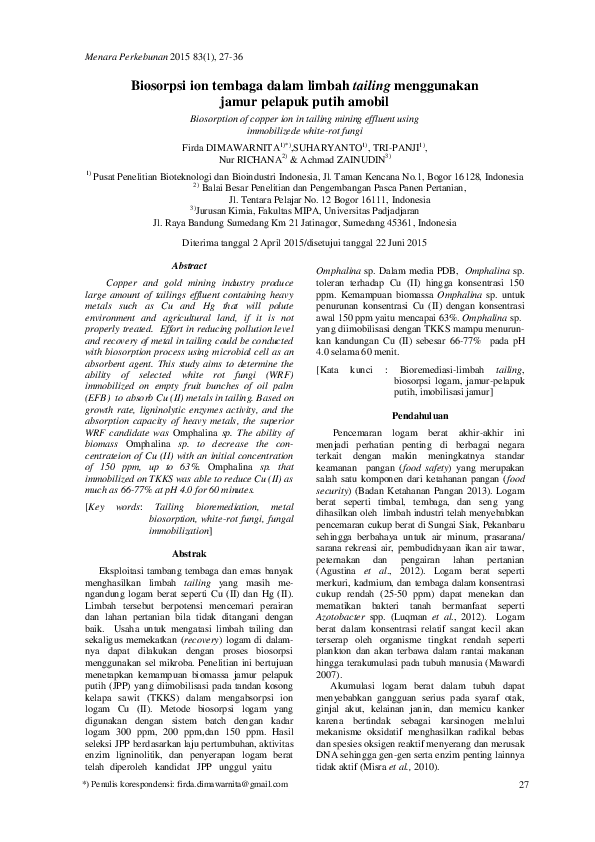 (PDF) Biosorpsi ion tembaga dalam limbah tailing menggunakan jamur ...