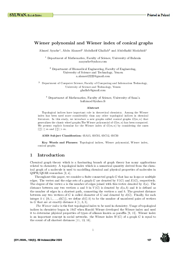 (PDF) Wiener polynomial and Wiener index of conical graphs