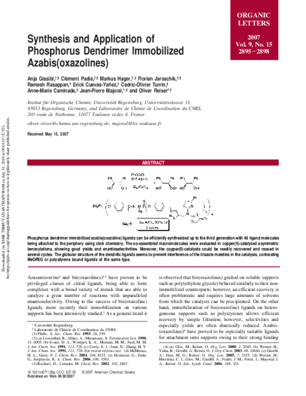 (PDF) Synthesis and Application of Phosphorus Dendrimer Immobilized Azabis(oxazolines)