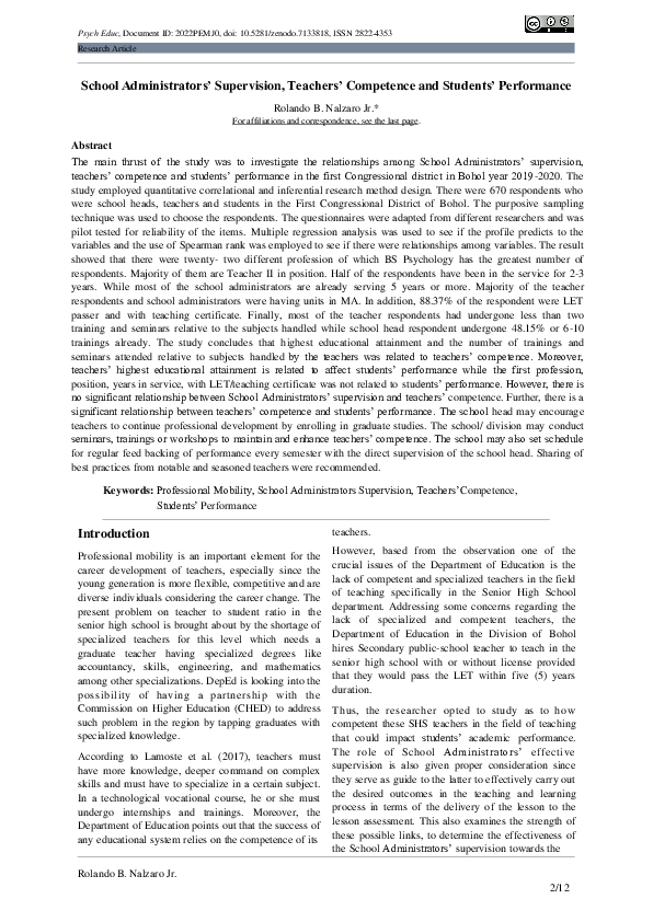 (PDF) School Administrators' Supervision, Teachers' Competence and Students' Performance