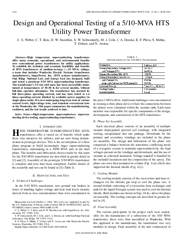 Pdf Design And Operational Testing Of A 510 Mva Hts Utility Power