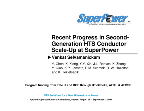 (PDF) Recent Progress in Second-Generation HTS Conductor Scale-Up at ...