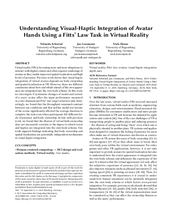 (PDF) Understanding Visual-Haptic Integration of Avatar Hands Using a Fitts' Law Task in Virtual ...