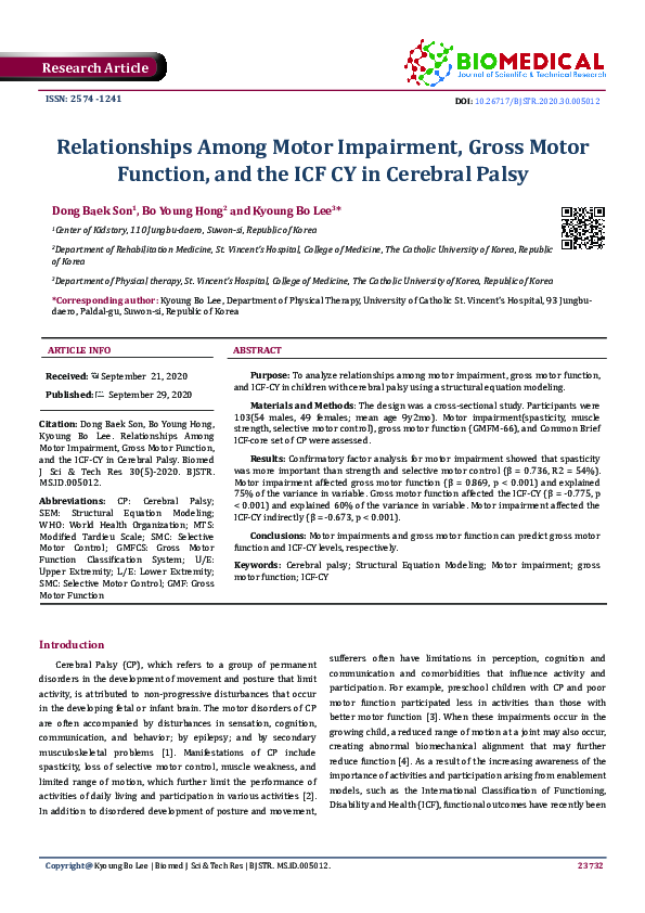 (PDF) Relationships Among Motor Impairment, Gross Motor Function, and the ICF CY in Cerebral Palsy