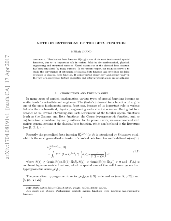 (PDF) Note on extensions of the beta function