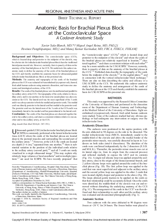 (PDF) Anatomic Basis for Brachial Plexus Block at the Costoclavicular ...