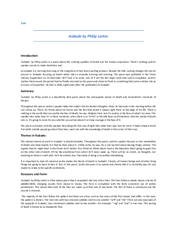 (DOC) Aubade by Philip Larkin