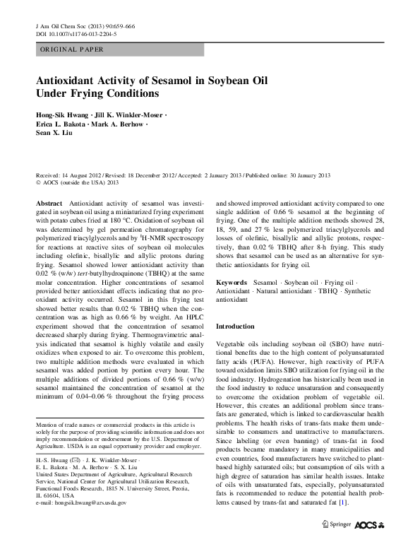 (PDF) Antioxidant Activity of Sesamol in Soybean Oil Under Frying ...