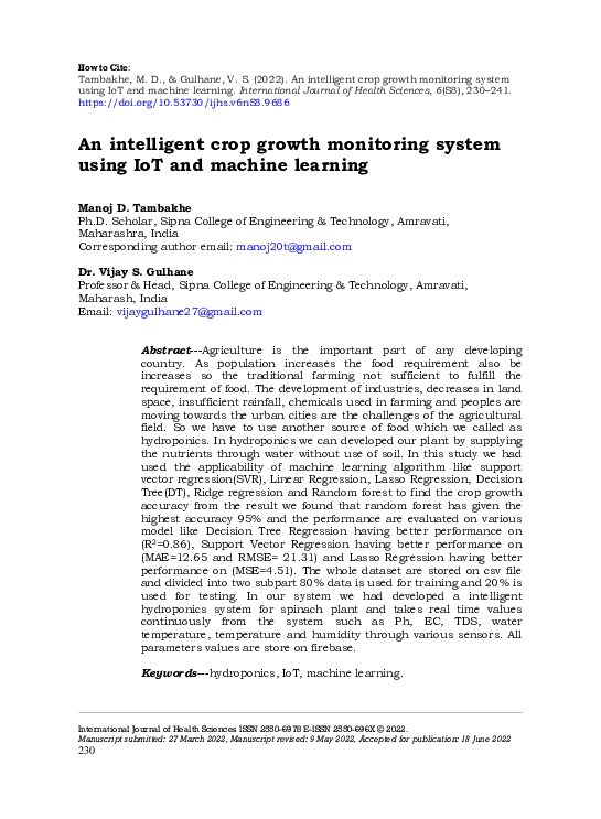 (PDF) intelligent crop growth monitoring system using IoT and machine learning