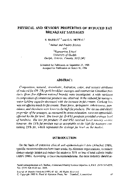 (PDF) Physical and Sensory Properties of Reduced Fat Breakfast Sausages