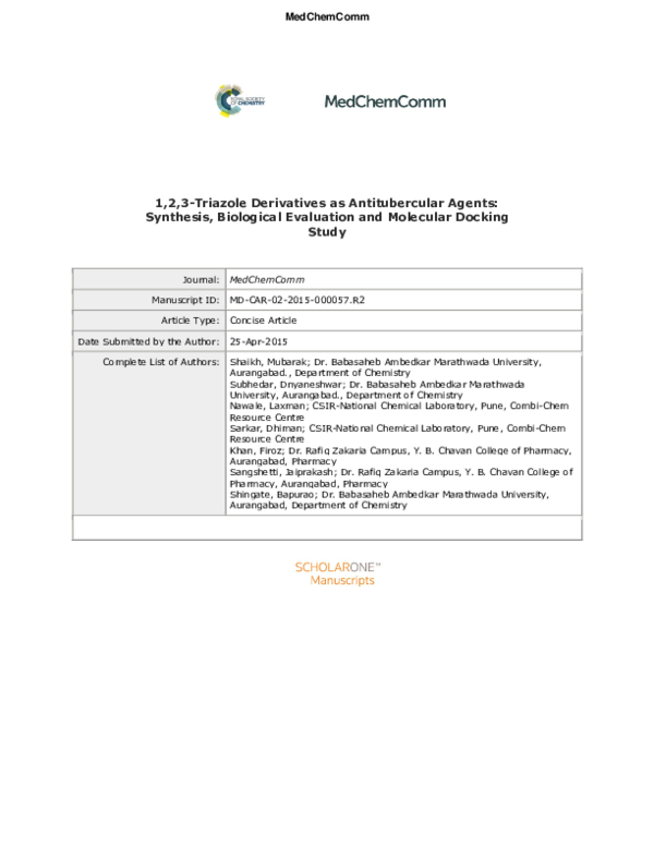 (PDF) 1,2,3-Triazole derivatives as antitubercular agents: synthesis, biological evaluation and ...
