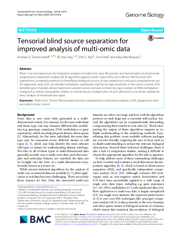 (PDF) Tensorial blind source separation for improved analysis of multi-omic data | Nilesh Pawar ...
