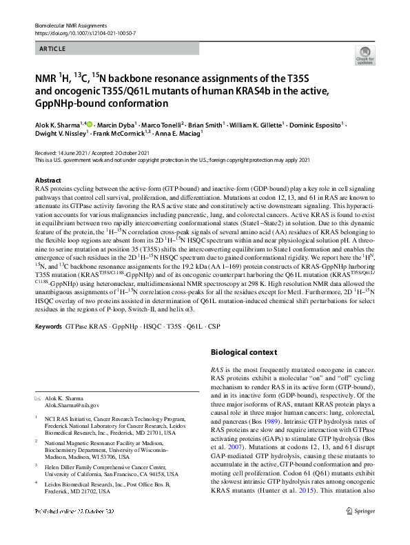 (PDF) NMR 1H, 13C, 15N backbone resonance assignments of the T35S and oncogenic T35S/Q61L ...