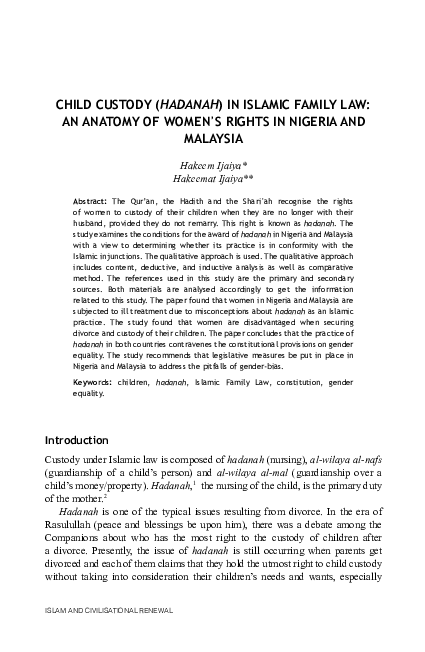 (PDF) Child Custody (Hadanah) in Islamic Family Law : An Anatomy of ...