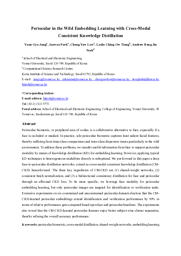 (PDF) Periocular in the Wild Embedding Learning with Cross-Modal Consistent Knowledge Distillation