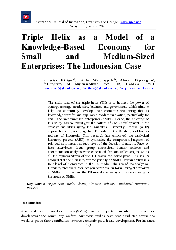 (PDF) Triple Helix as a Model of a Knowledge-Based Economy for Small and Medium-Sized ...