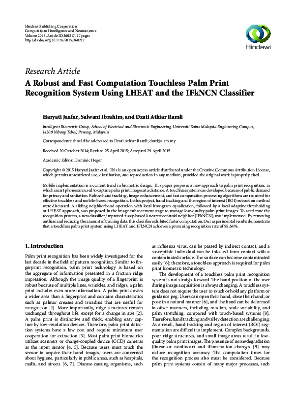 (PDF) A Robust and Fast Computation Touchless Palm Print Recognition System Using LHEAT and the ...