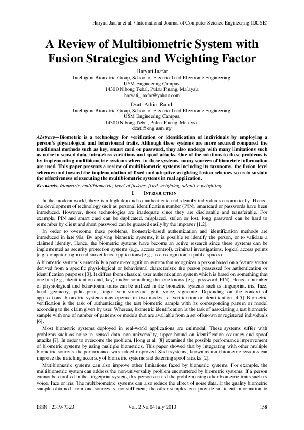 Pdf A Review Of Multibiometric System With Fusion Strategies And Weighting Factor
