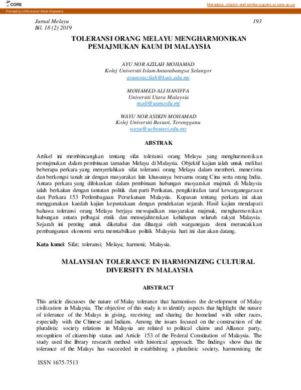 (PDF) Toleransi Orang Melayu Mengharmonikan Pemajmukan Kaum DI Malaysia