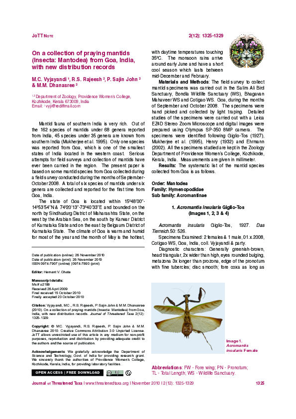 (PDF) On a collection of praying mantids (Insecta: Mantodea) from Goa ...