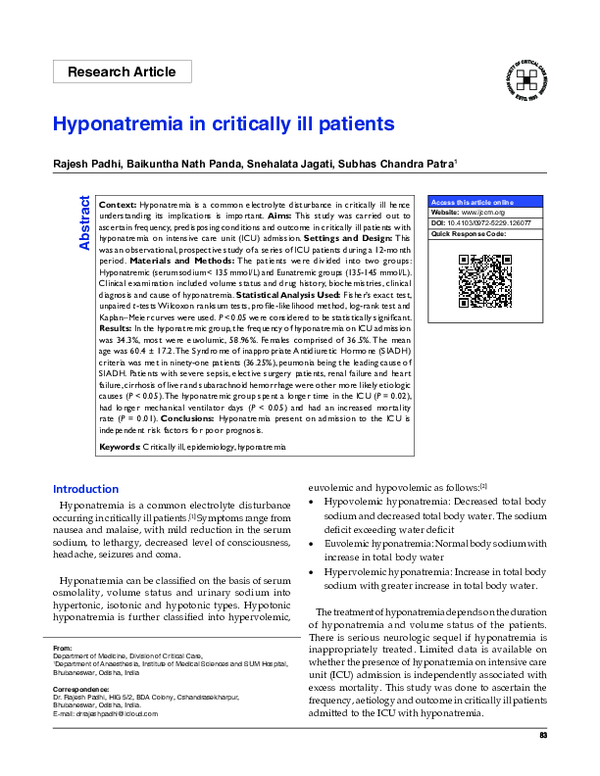 (PDF) Hyponatremia in critically ill patients