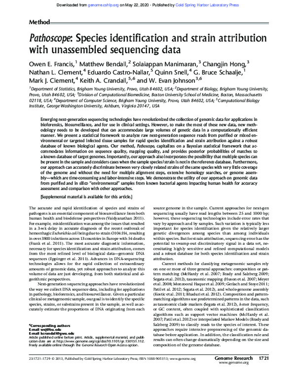 (PDF) Pathoscope: Species identification and strain attribution with unassembled sequencing data ...