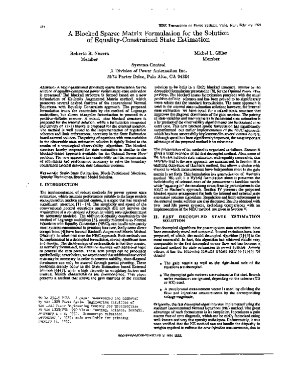 Pdf A Blocked Sparse Matrix Formulation For The Solution Of Equality Constrained State Estimation