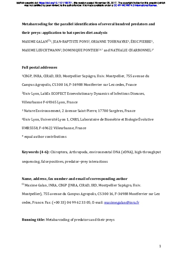 Pdf Metabarcoding For The Parallel Identification Of Several Hundred Predators And Their Preys