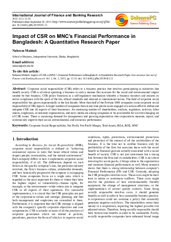 (PDF) Impact of CSR on MNC’s Financial Performance in Bangladesh: A ...